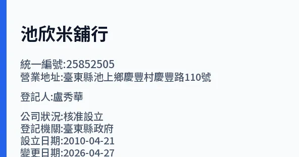 池欣米舖行的照片-統編 25852505(臺東縣) 公司登記資料與營業項目詳細圖表