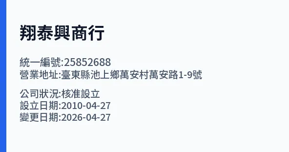 翔泰興商行的照片-統編 25852688(臺東縣) 公司登記資料與營業項目詳細圖表