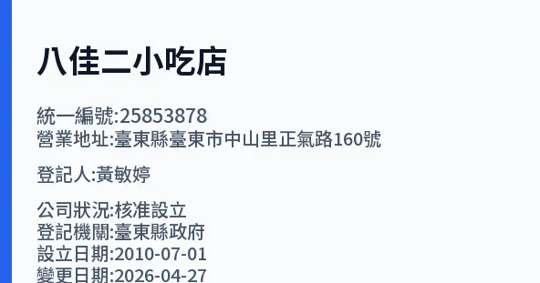 八佳二小吃店的照片-統編 25853878(臺東縣) 公司登記資料與營業項目詳細圖表
