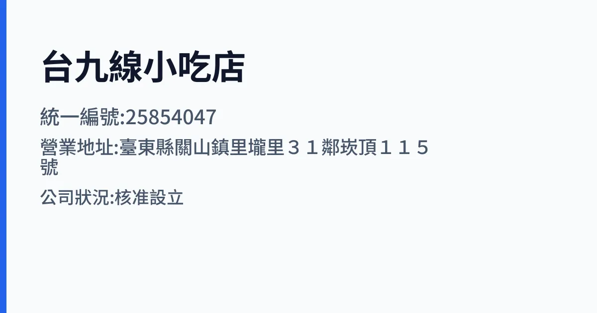 台九線小吃店 - 統編 25854047(臺東縣) 公司登記資料與營業項目詳細圖表