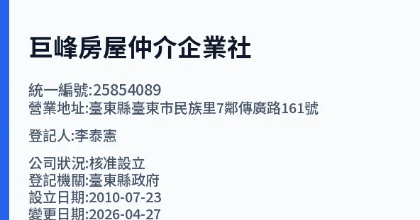 巨峰房屋仲介企業社的照片-統編 25854089(臺東縣) 公司登記資料與營業項目詳細圖表