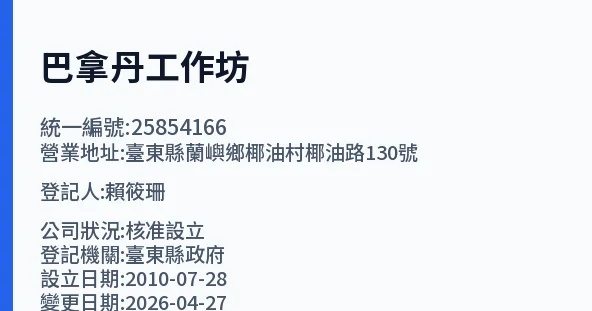 巴拿丹工作坊的照片-統編 25854166(臺東縣) 公司登記資料與營業項目詳細圖表