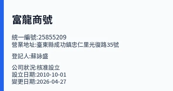 富龍商號的照片-統編 25855209(臺東縣) 公司登記資料與營業項目詳細圖表
