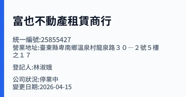 富也不動產租賃商行的照片-統編 25855427(臺東縣) 公司登記資料與營業項目詳細圖表