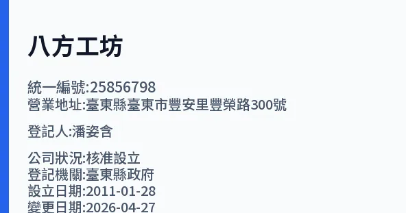 八方工坊的照片-統編 25856798(臺東縣) 公司登記資料與營業項目詳細圖表