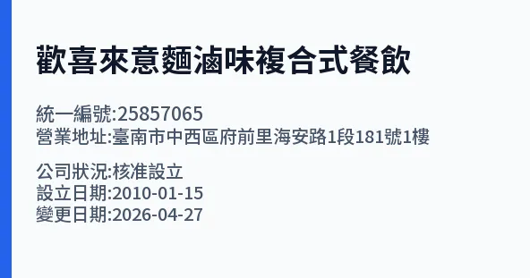歡喜來意麵滷味複合式餐飲的照片-統編 25857065(臺南市) 公司登記資料與營業項目詳細圖表