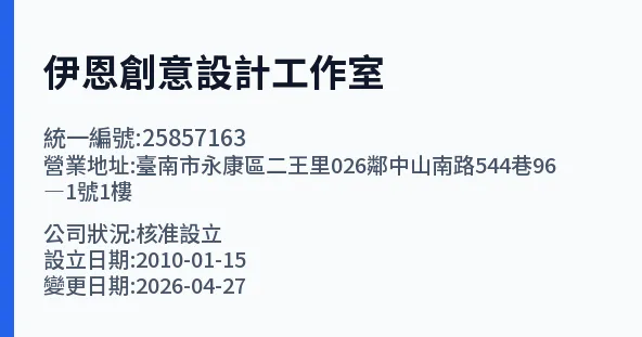 伊恩創意設計工作室的照片-統編 25857163(臺南市) 公司登記資料與營業項目詳細圖表