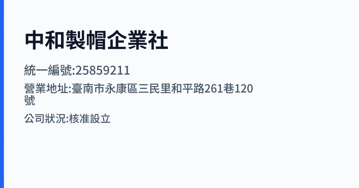 中和製帽企業社 - 統編 25859211(臺南市) 公司登記資料與營業項目詳細圖表