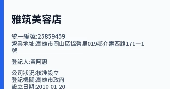 雅筑美容店的照片-統編 25859459(高雄市) 公司登記資料與營業項目詳細圖表