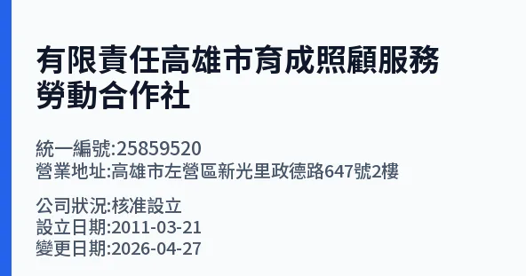 有限責任高雄市育成照顧服務勞動合作社的照片-統編 25859520(高雄市) 公司登記資料與營業項目詳細圖表