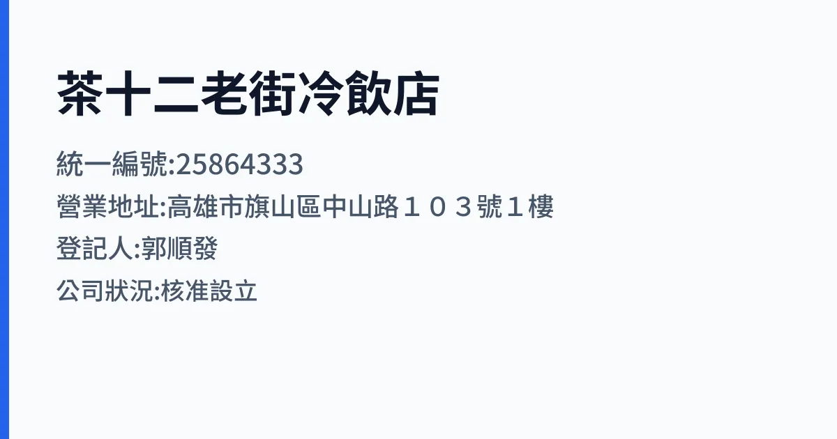 茶十二老街冷飲店 - 統編 25864333(高雄市) 公司登記資料與營業項目詳細圖表