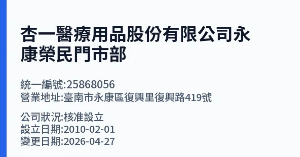杏一醫療用品股份有限公司永康榮民門市部的照片-統編 25868056(臺南市) 公司登記資料與營業項目詳細圖表