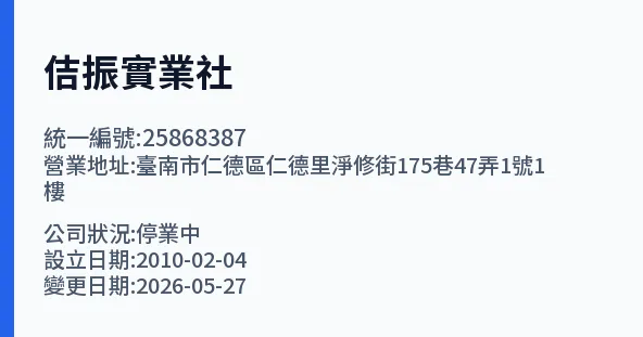 佶振實業社的照片-統編 25868387(臺南市) 公司登記資料與營業項目詳細圖表