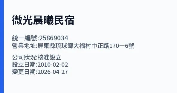 微光晨曦民宿的照片-統編 25869034(屏東縣) 公司登記資料與營業項目詳細圖表