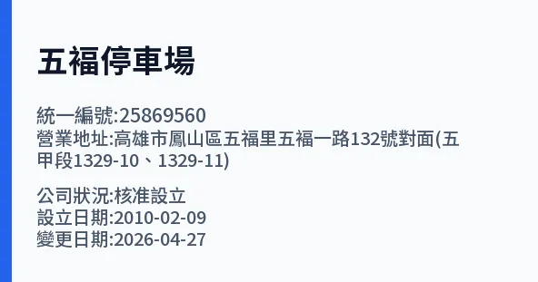 五褔停車場的照片-統編 25869560(高雄市) 公司登記資料與營業項目詳細圖表
