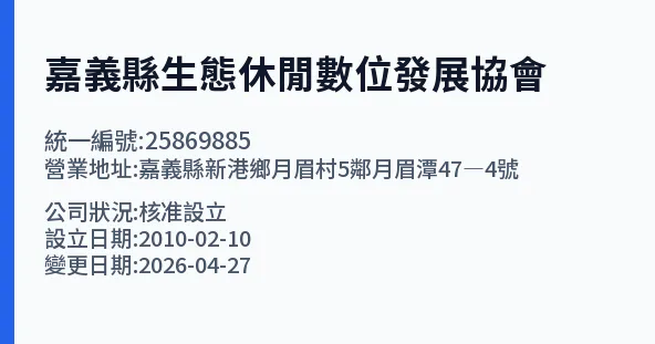 嘉義縣生態休閒數位發展協會的照片-統編 25869885(嘉義縣) 公司登記資料與營業項目詳細圖表