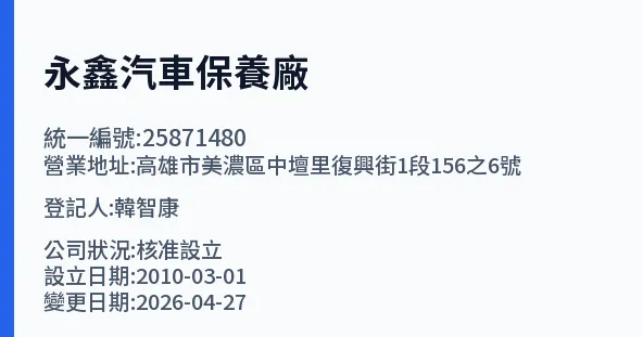永鑫汽車保養廠的照片-統編 25871480(高雄市) 公司登記資料與營業項目詳細圖表