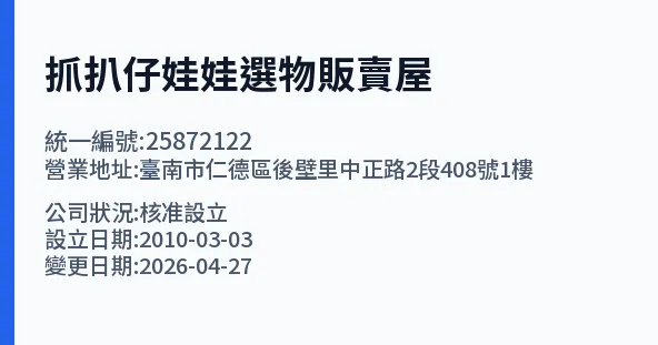 抓扒仔娃娃選物販賣屋的照片-統編 25872122(臺南市) 公司登記資料與營業項目詳細圖表