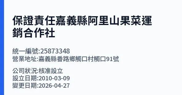 保證責任嘉義縣阿里山果菜運銷合作社的照片-統編 25873348(嘉義縣) 公司登記資料與營業項目詳細圖表