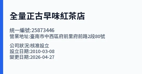 全量正古早味紅茶店的照片-統編 25873446(臺南市) 公司登記資料與營業項目詳細圖表