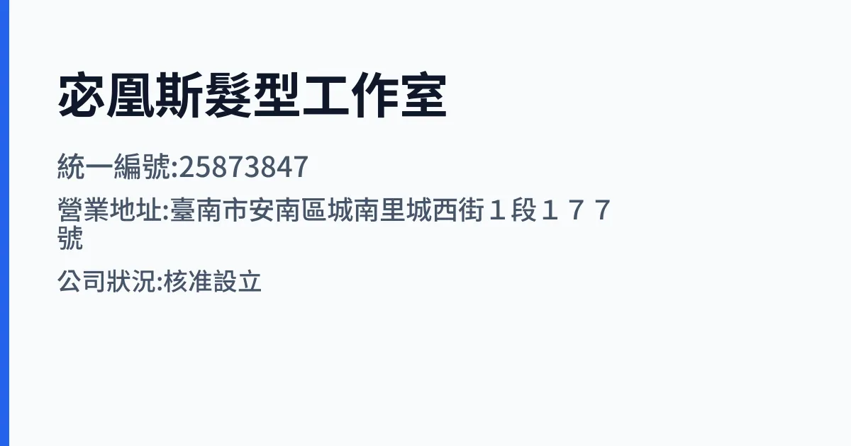 宓凰斯髮型工作室 - 統編 25873847(臺南市) 公司登記資料與營業項目詳細圖表