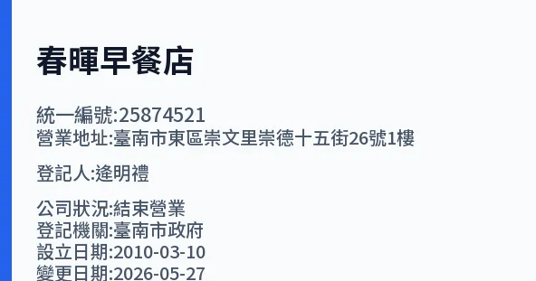 春暉早餐店的照片-統編 25874521(臺南市) 公司登記資料與營業項目詳細圖表