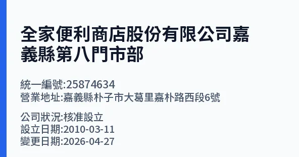 全家便利商店股份有限公司嘉義縣第八門市部的照片-統編 25874634(嘉義縣) 公司登記資料與營業項目詳細圖表