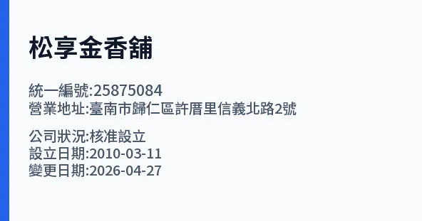 松享金香舖的照片-統編 25875084(臺南市) 公司登記資料與營業項目詳細圖表