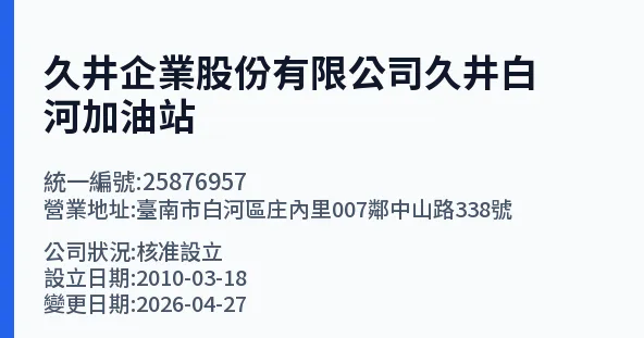 久井企業股份有限公司久井白河加油站的照片-統編 25876957(臺南市) 公司登記資料與營業項目詳細圖表