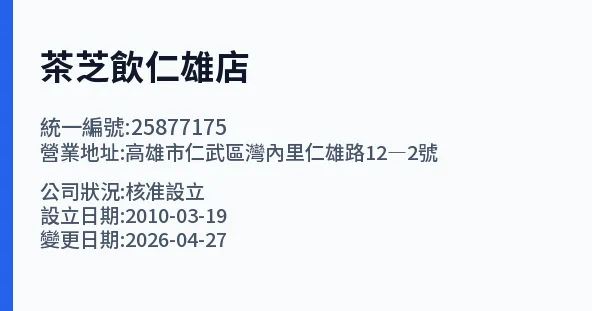 茶芝飲仁雄店的照片-統編 25877175(高雄市) 公司登記資料與營業項目詳細圖表