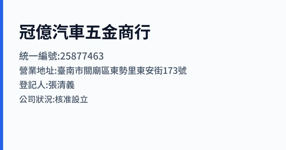冠億汽車五金商行 - 統編 25877463(臺南市) 公司登記資料與營業項目詳細圖表
