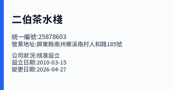 二伯茶水棧的照片-統編 25878603(屏東縣) 公司登記資料與營業項目詳細圖表