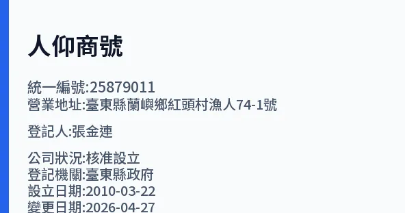 人仰商號的照片-統編 25879011(臺東縣) 公司登記資料與營業項目詳細圖表