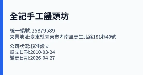 全記手工饅頭坊的照片-統編 25879589(臺東縣) 公司登記資料與營業項目詳細圖表