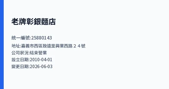 老牌彰銀麵店的照片-統編 25880143(嘉義市) 公司登記資料與營業項目詳細圖表