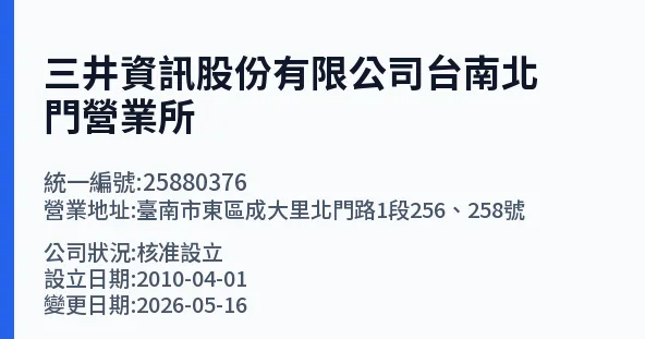 三井資訊股份有限公司台南北門營業所的照片-統編 25880376(臺南市) 公司登記資料與營業項目詳細圖表