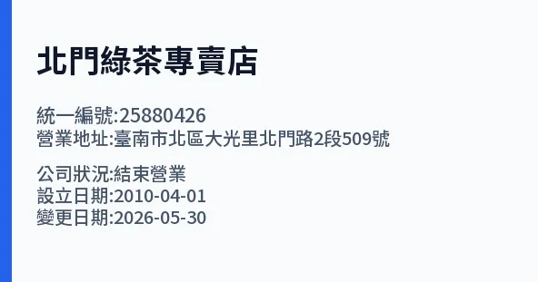 北門綠茶專賣店的照片-統編 25880426(臺南市) 公司登記資料與營業項目詳細圖表
