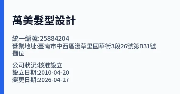 萬美髮型設計的照片-統編 25884204(臺南市) 公司登記資料與營業項目詳細圖表