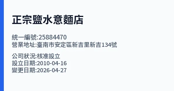 正宗鹽水意麵店的照片-統編 25884470(臺南市) 公司登記資料與營業項目詳細圖表