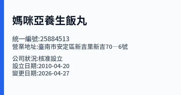 媽咪亞養生飯丸的照片-統編 25884513(臺南市) 公司登記資料與營業項目詳細圖表
