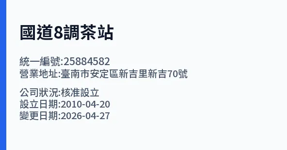 國道8調茶站的照片-統編 25884582(臺南市) 公司登記資料與營業項目詳細圖表