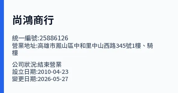 尚鴻商行的照片-統編 25886126(高雄市) 公司登記資料與營業項目詳細圖表