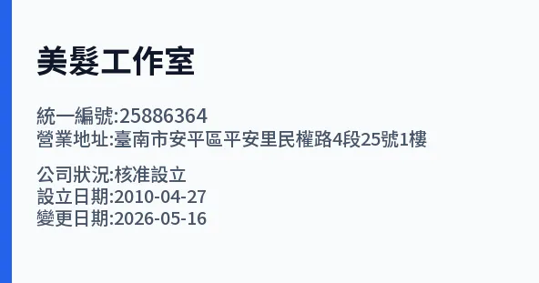 美髮工作室的照片-統編 25886364(臺南市) 公司登記資料與營業項目詳細圖表