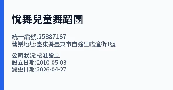 悅舞兒童舞蹈團的照片-統編 25887167(臺東縣) 公司登記資料與營業項目詳細圖表