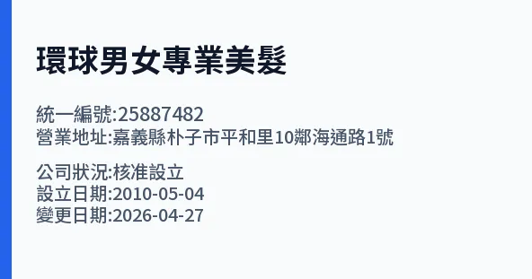環球男女專業美髮的照片-統編 25887482(嘉義縣) 公司登記資料與營業項目詳細圖表