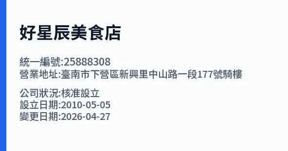 好星辰美食店的照片-統編 25888308(臺南市) 公司登記資料與營業項目詳細圖表