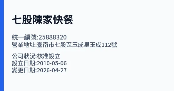 七股陳家快餐的照片-統編 25888320(臺南市) 公司登記資料與營業項目詳細圖表