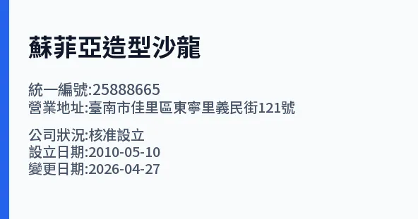蘇菲亞造型沙龍的照片-統編 25888665(臺南市) 公司登記資料與營業項目詳細圖表