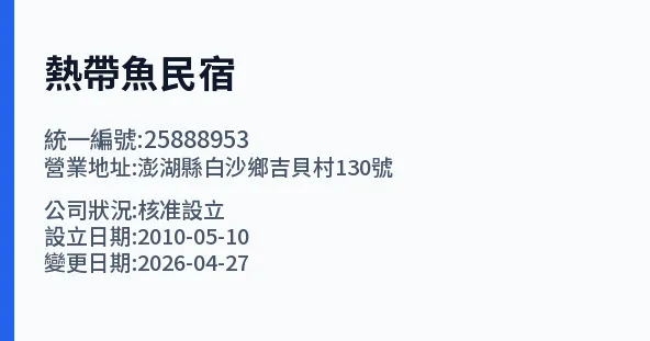 熱帶魚民宿的照片-統編 25888953(澎湖縣) 公司登記資料與營業項目詳細圖表