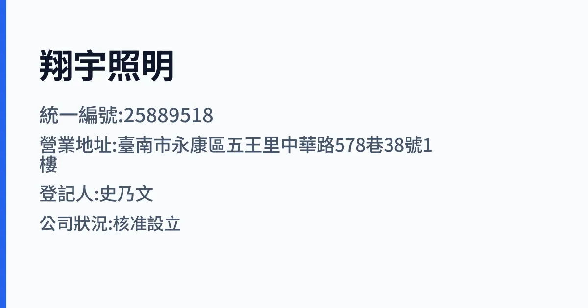 翔宇照明 - 統編 25889518(臺南市) 公司登記資料與營業項目詳細圖表